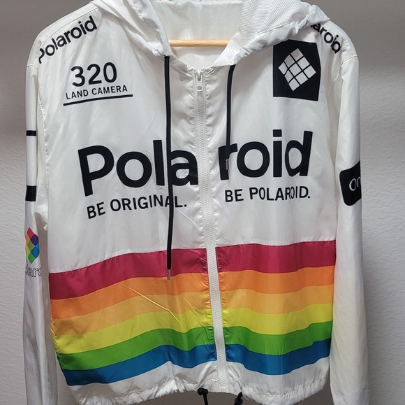 Polaroid | Jackets & Coats | Polaroid White Jacket With Rainbow Stripes ...